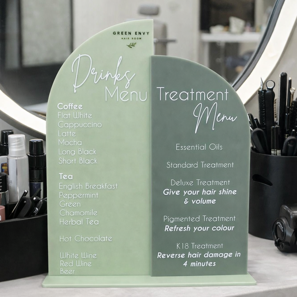 Dual Arch Salon Menu Display | Acrylic Counter Sign Australia
